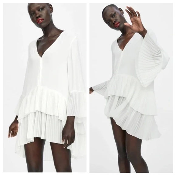 Zara | Dresses | Zara White Tiered Pleated Mini Dress M Blogger Fave ...